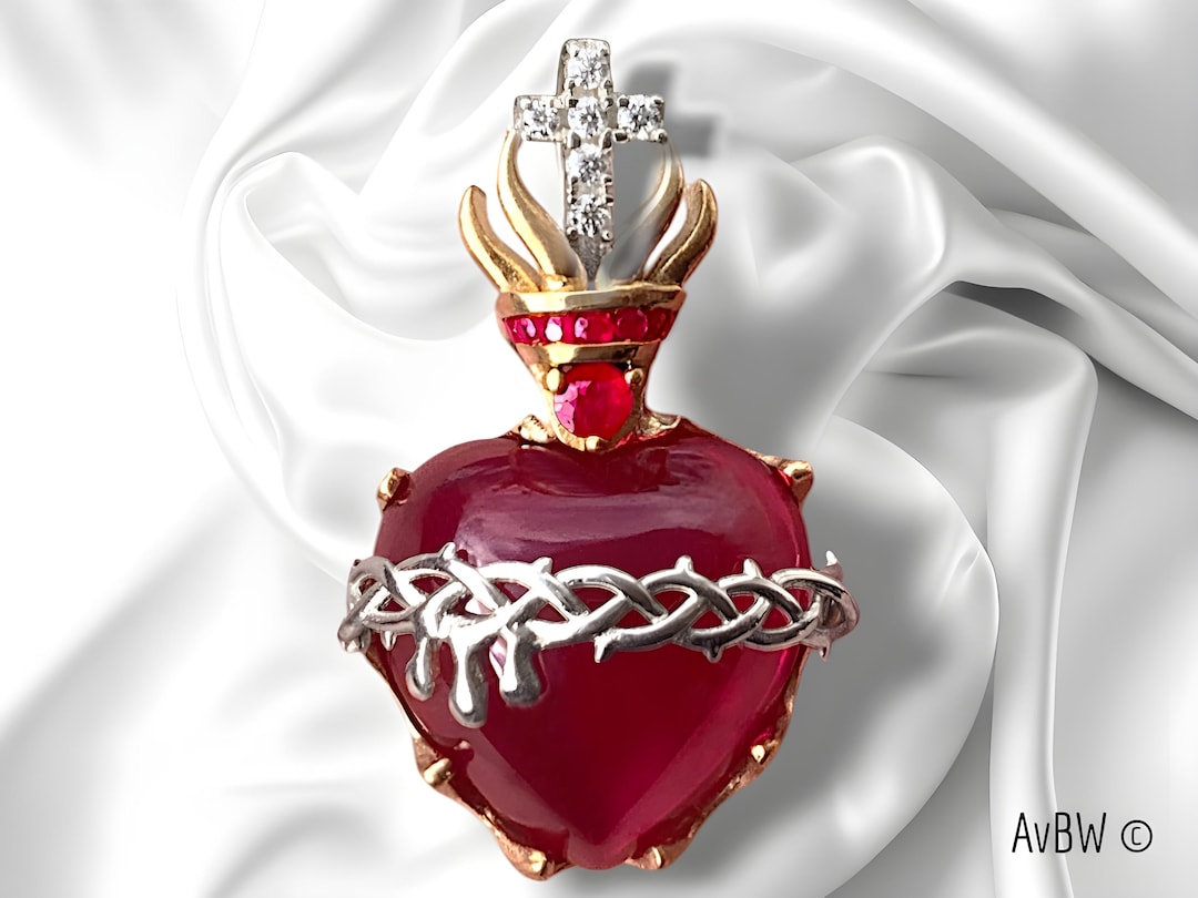 Sacred Heart of Jesus Christ Ruby and Crystal Pendant, Sterling Silver ...