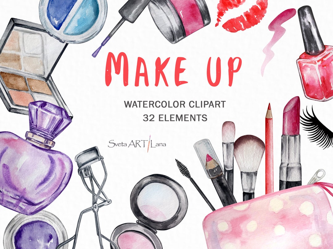 Watercolor Make up Clipart. Cosmetics Clipart Makeup Brushes Beauty ...