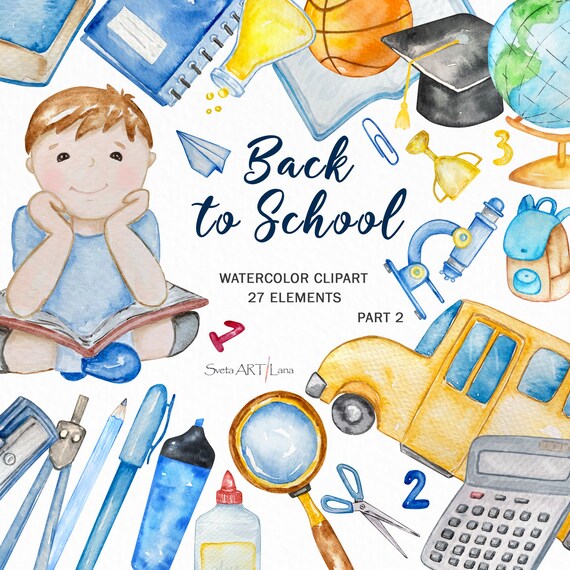 Back to School Watercolor Clipart School Supplies Png - Etsy