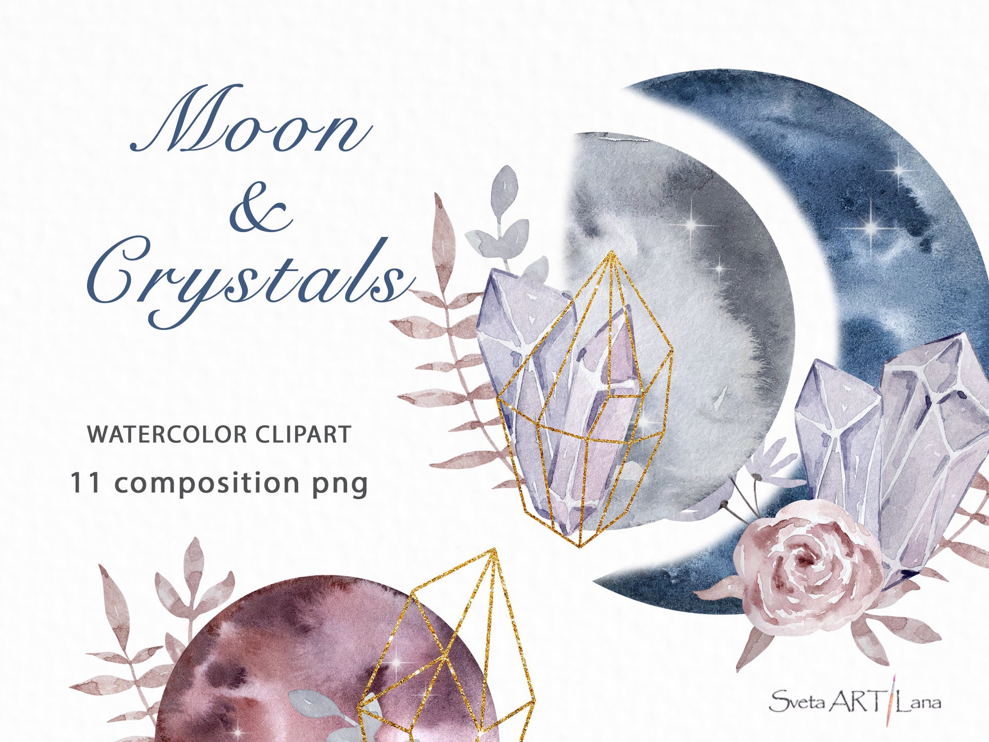 Watercolor Crystal Moons Clipart Floral full moon | Etsy