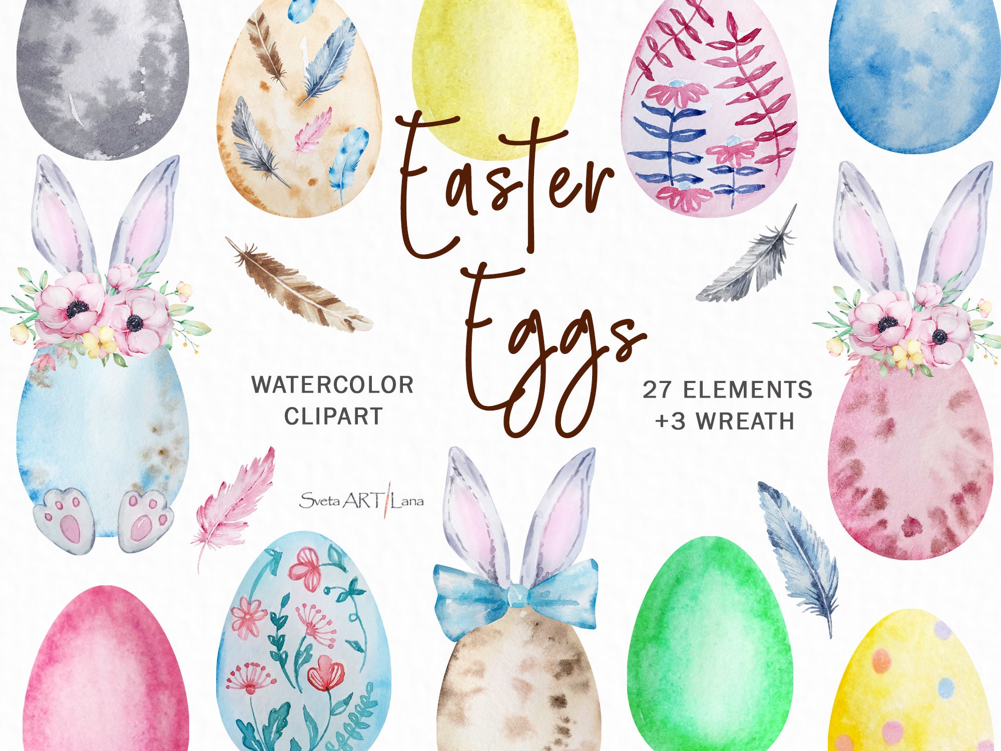 Watercolor Easter Eggs Clipart Cute Bunny Ears Spring clip | Etsy