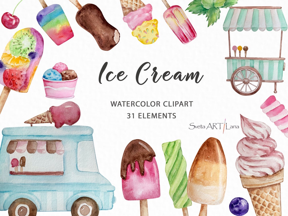 Ice Cream Clipart Watercolor Ice Cream Summer Clipart retro | Etsy