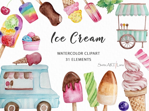 Ice Cream Clipart Watercolor Ice Cream Summer Clipart Retro - Etsy