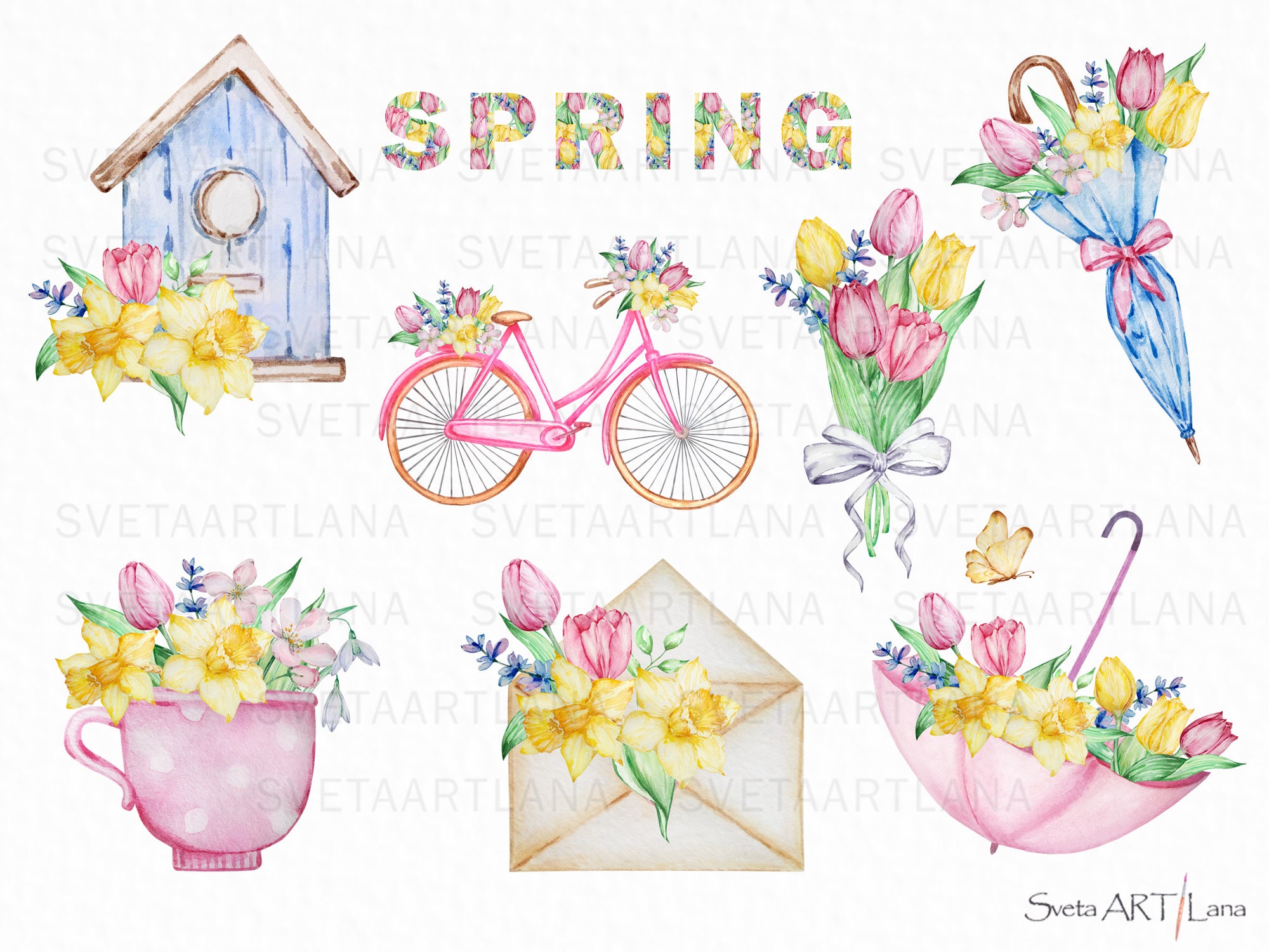 Watercolor Spring Flowers Clipart Bouquet Flowers Watering - Etsy