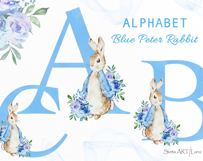 Peter Rabbit Floral Blue Alphabet Clipart | Watercolor Alphabet PNG ...