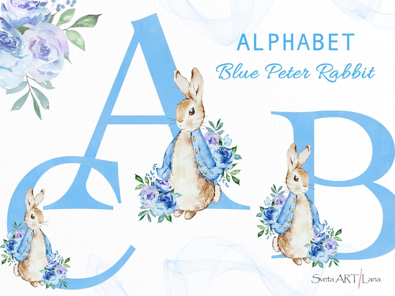 Peter Rabbit Floral Blue Alphabet Clipart | Watercolor Alphabet PNG ...