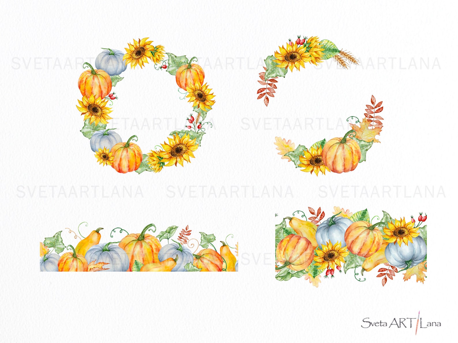 Pumpkins Frames Clipart | Watercolor Autumn Pumpkin | Sunflower Wreath ...