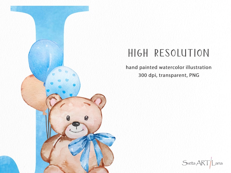 Teddy Bear Blue Alphabet Clipart | Watercolor Cute Bear Alphabet PNG ...