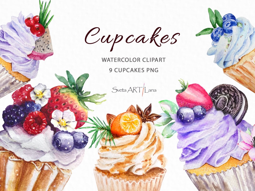 Watercolor Cupcakes Clipart | Sweet Treats Clipart | Bakery Png | Food ...