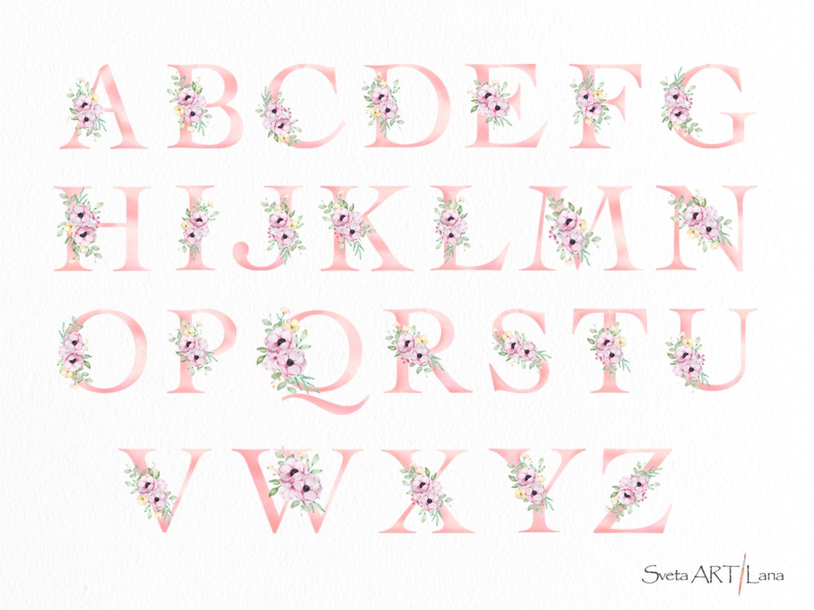 Watercolor Pink Alphabet Clipart Flowers Lettter Boho - Etsy
