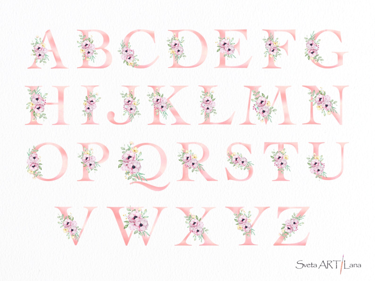Watercolor Pink Alphabet Clipart Flowers Lettter Boho - Etsy