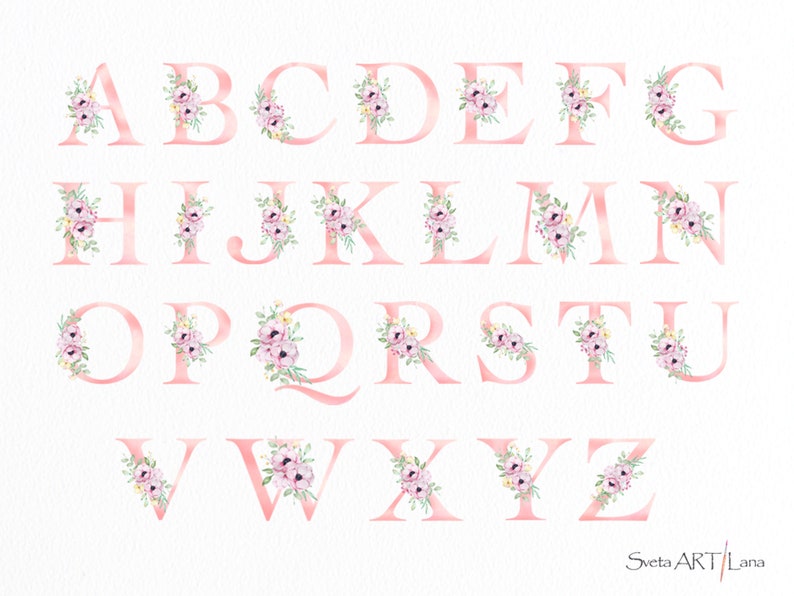 Watercolor Pink Alphabet Clipart Flowers Lettter Boho - Etsy