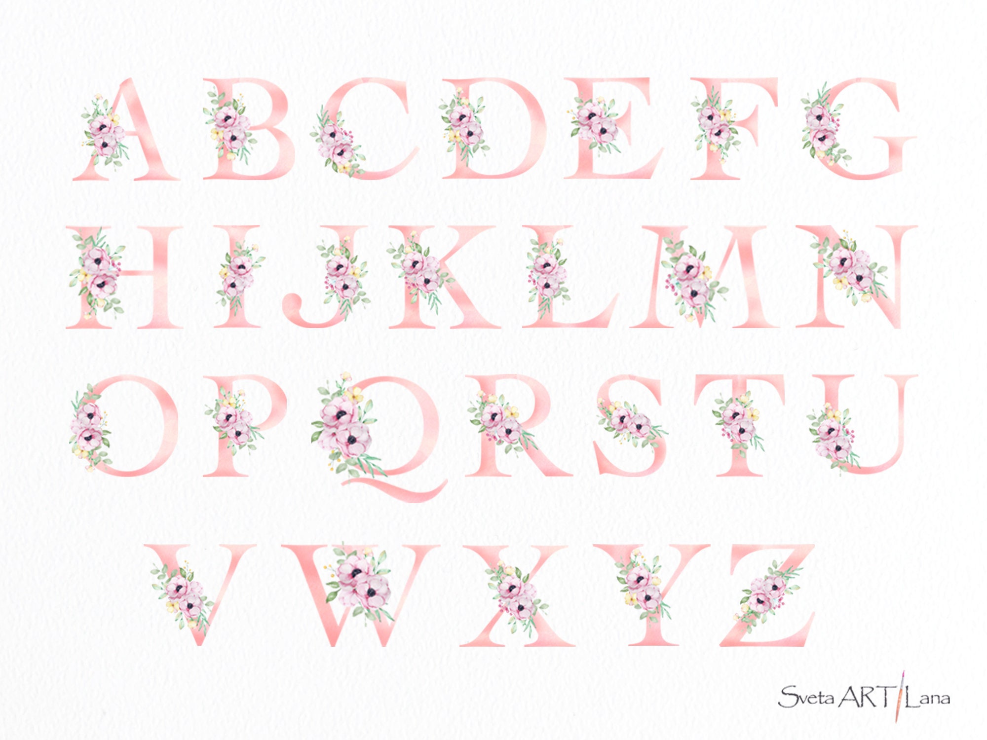 Watercolor Pink Alphabet Clipart | Flowers Lettters | Boho Letters ...