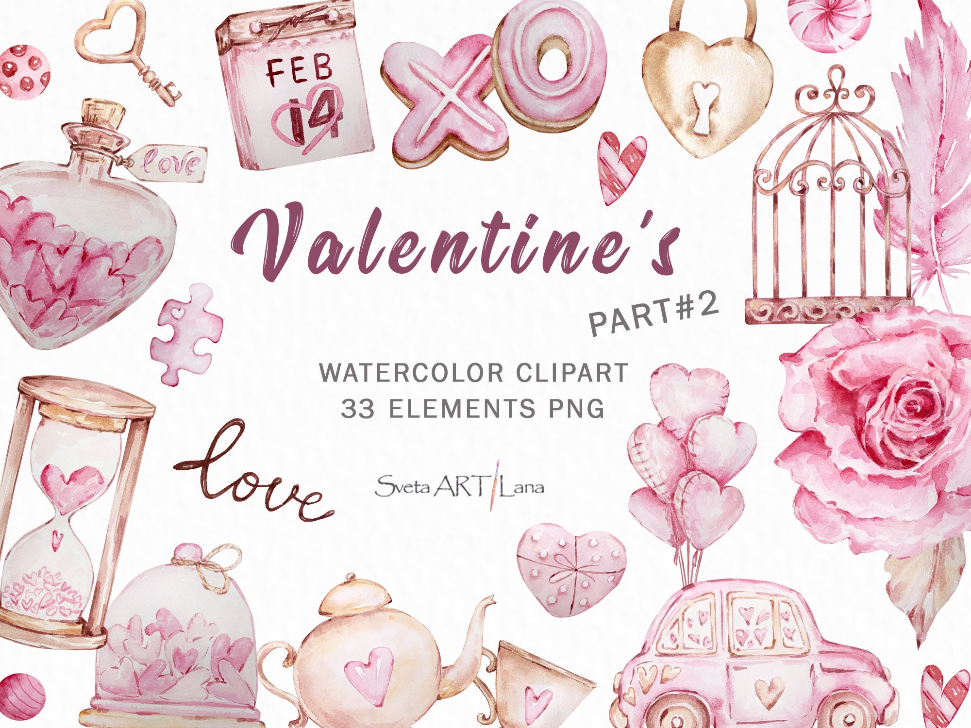 Valentine's Day Watercolor Clipart Pink Valentines Cute | Etsy