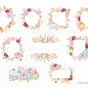 Watercolor Autumn Frames | Pumpkin Clipart | Fall Floral Frames | Rusty ...