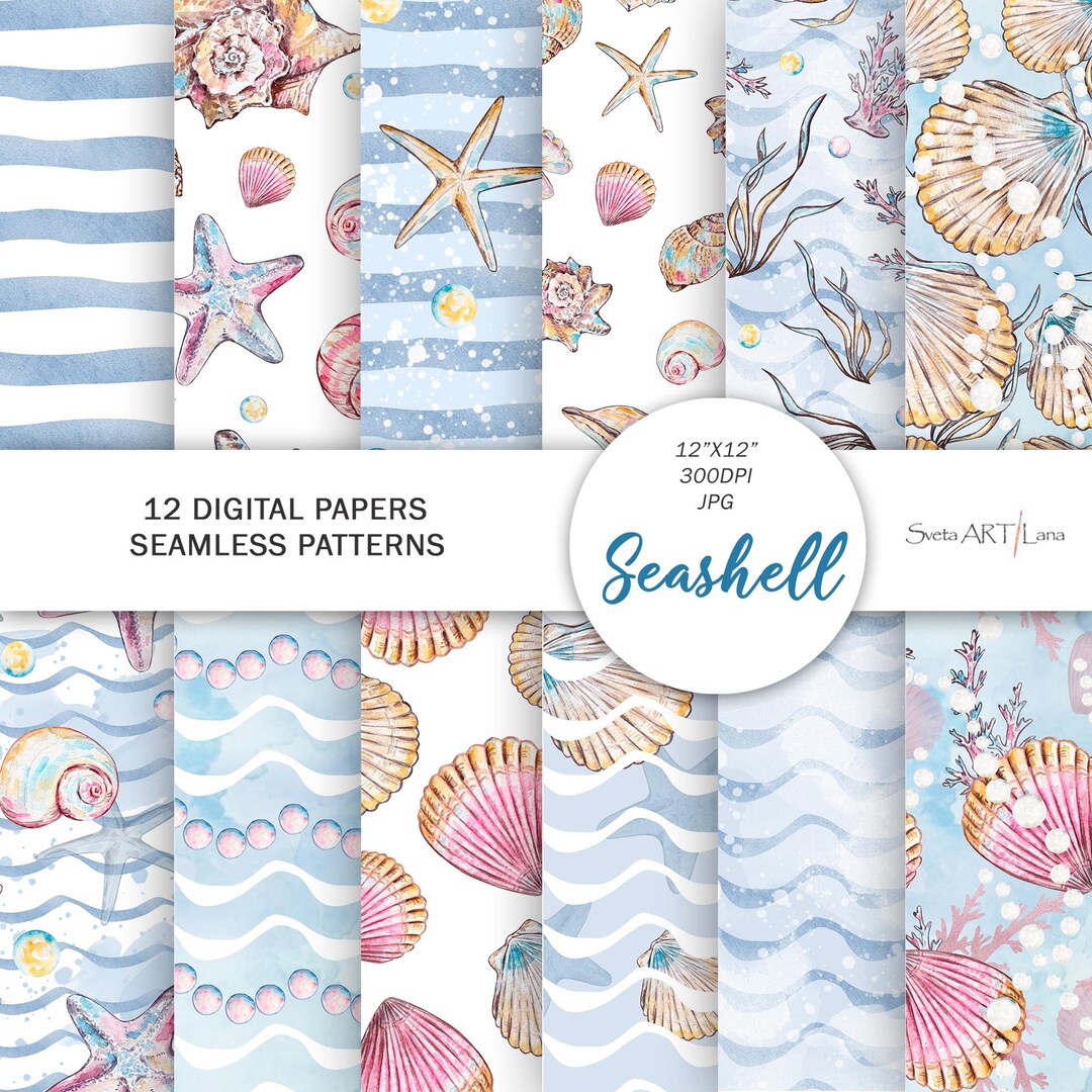 Watercolor Seashells Digital Papers | Tropical Seamless Patterns ...