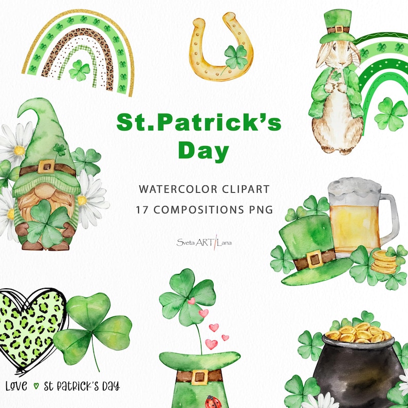 Watercolor St Patricks Day Clipart | Gnome Clipart | Shamrock, Clover ...