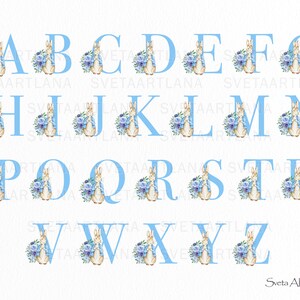 Peter Rabbit Blue Floral Alphabet Clipart | Watercolor Bunny PNG | Cute ...