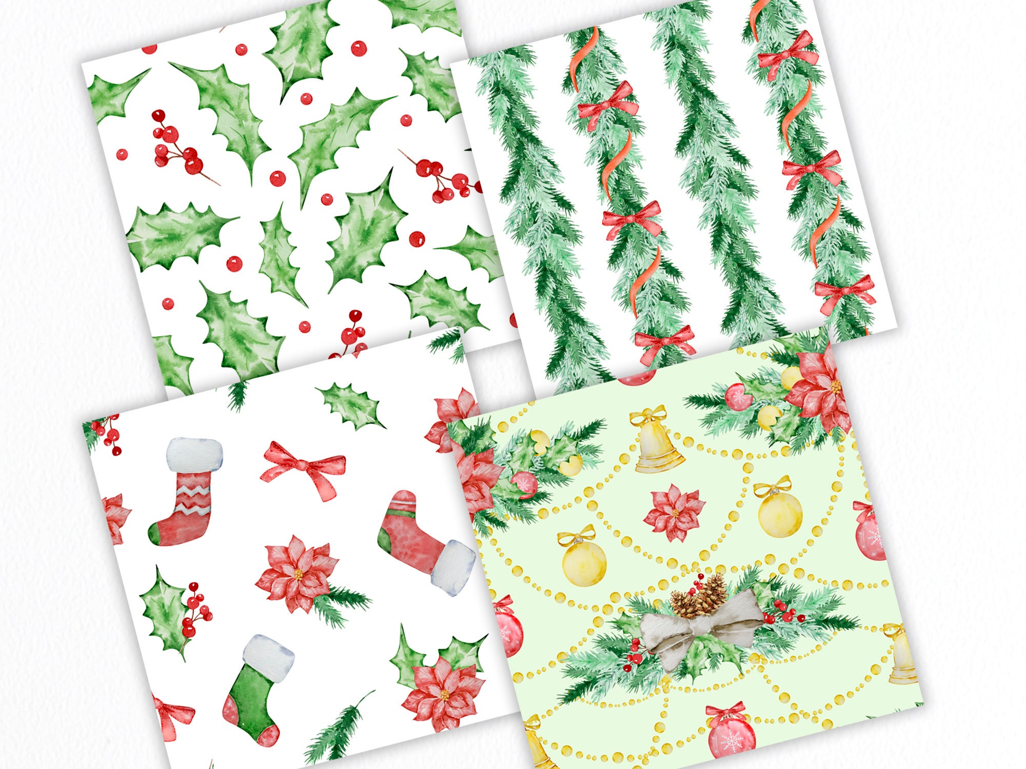 Christmas Stocking Digital Papers | Watercolor Holly Christmas | Winter ...