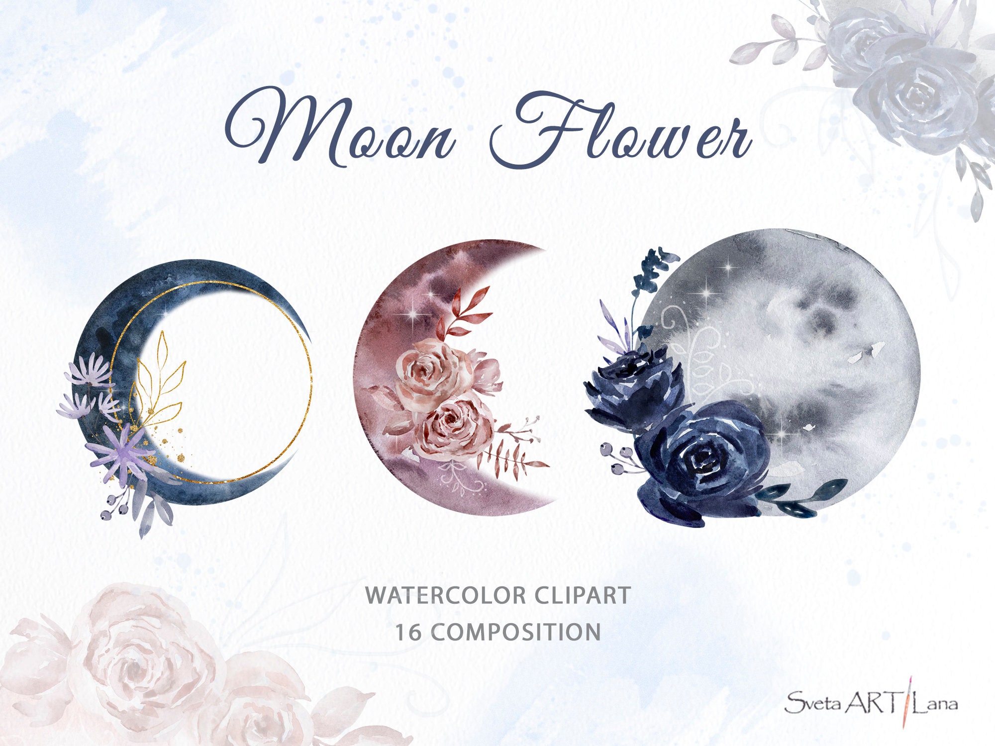 Watercolor Flower Moon Clipart Floral Full Moon Illustration - Etsy