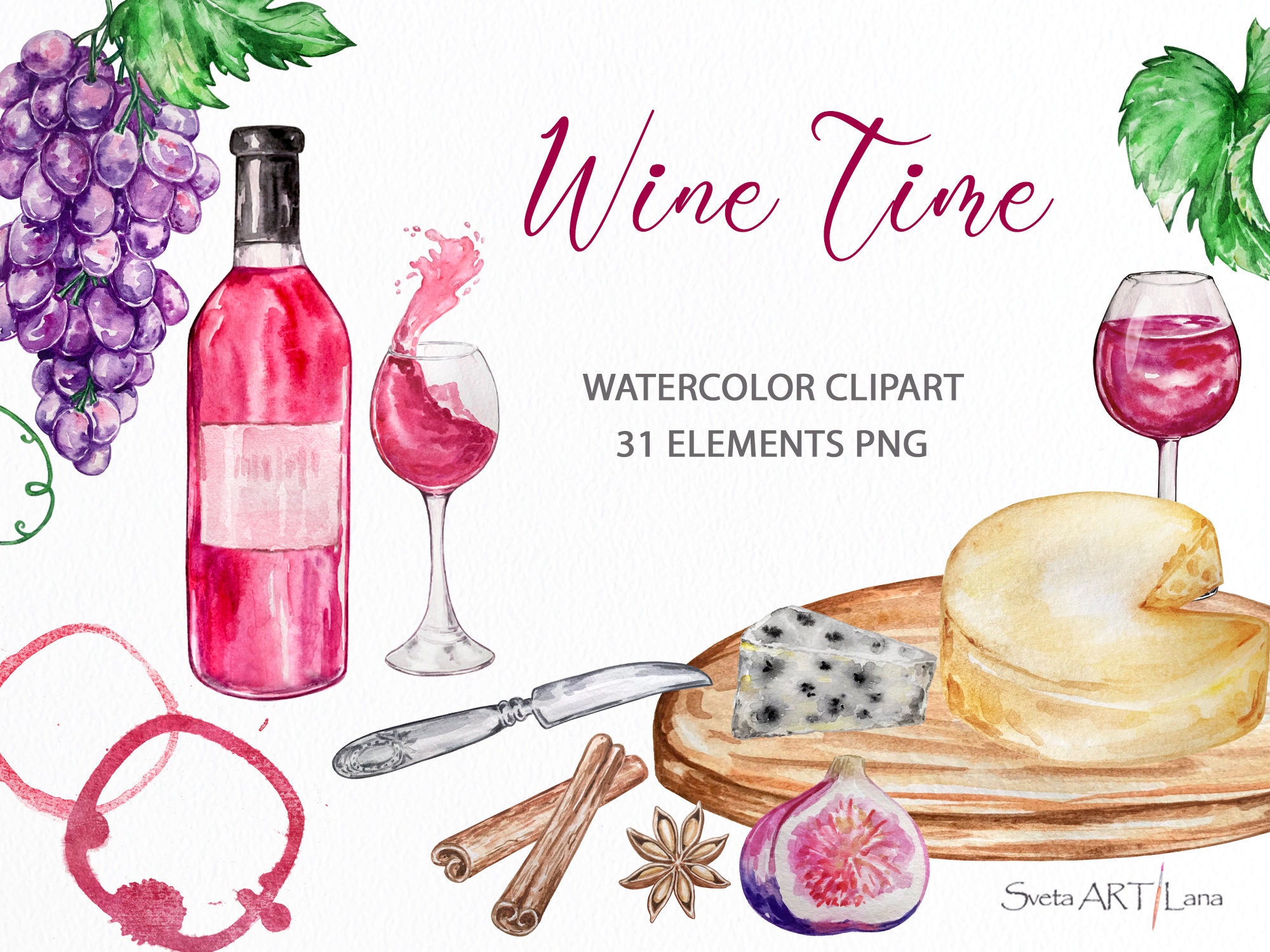 Watercolor Wine Clipart Wedding Red Wine Glasses Romantic - Etsy
