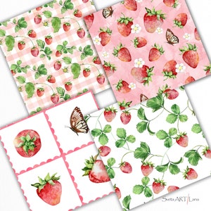 Watercolor Strawberry Digital Papers | Red Berry Seamless Patterns ...
