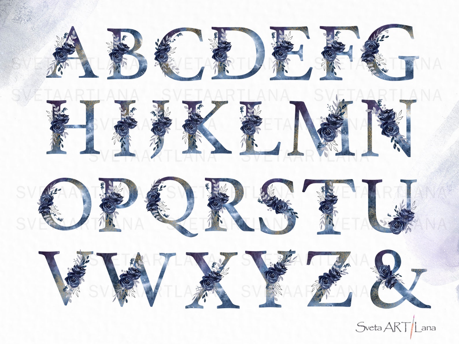 Floral Alphabet Watercolor Clipart | Dark Blue Letters Png | Navy Blue ...