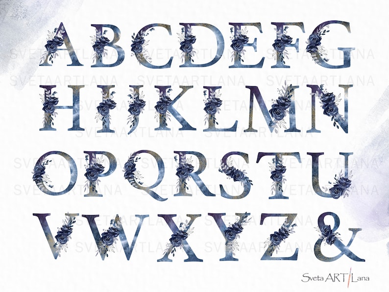 Floral Alphabet Watercolor Clipart | Dark Blue Letters Png | Navy Blue ...