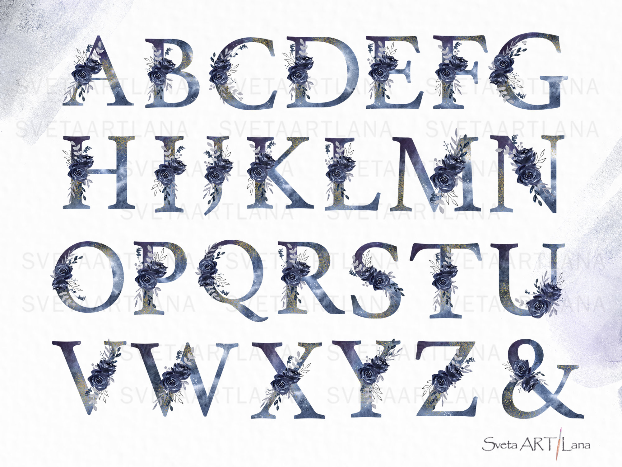 Floral Alphabet Watercolor Clipart | Dark Blue Letters Png | Navy Blue ...