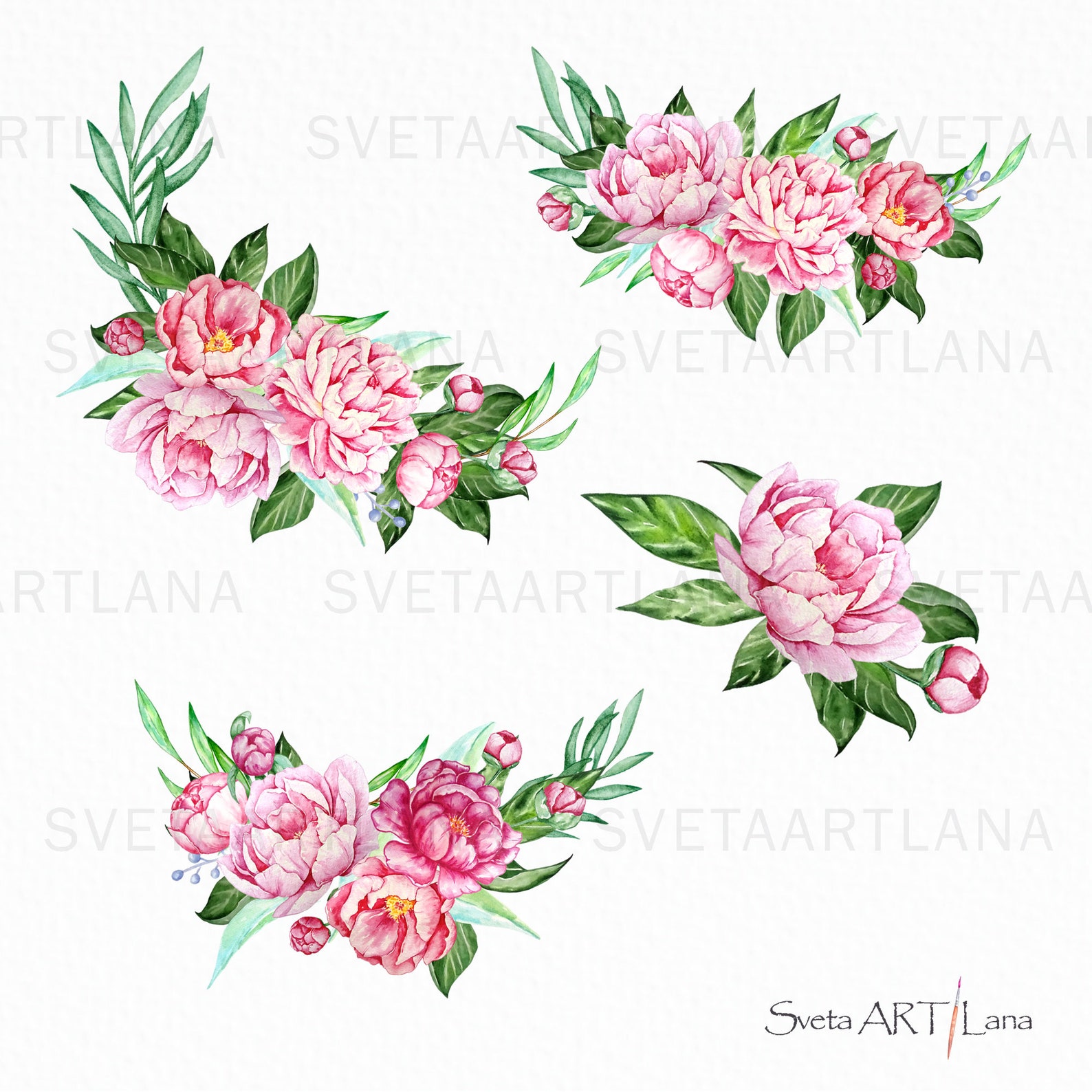 Watercolor Peony Flowers Clipart | Gold Geometric Frames | Peonies ...