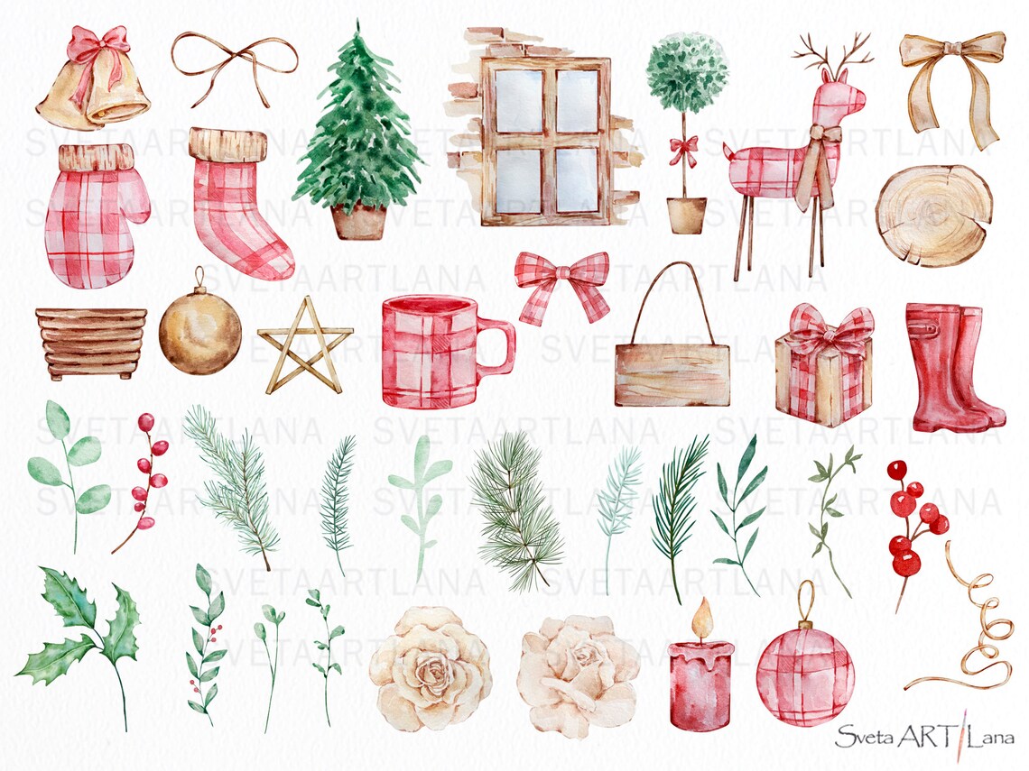 Watercolor Christmas Clipart Merry Christmas Classic - Etsy
