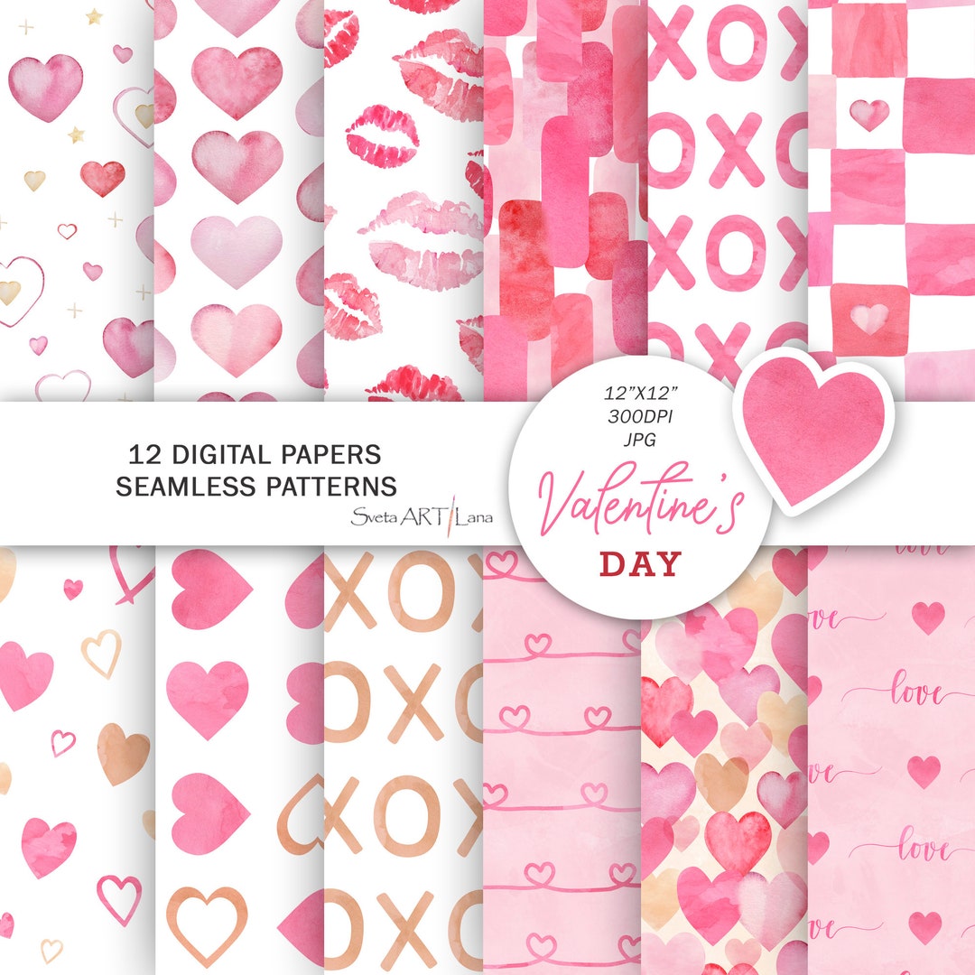 Watercolor Hearts Digital Papers | Red and Pink Valentines Day Seamless ...