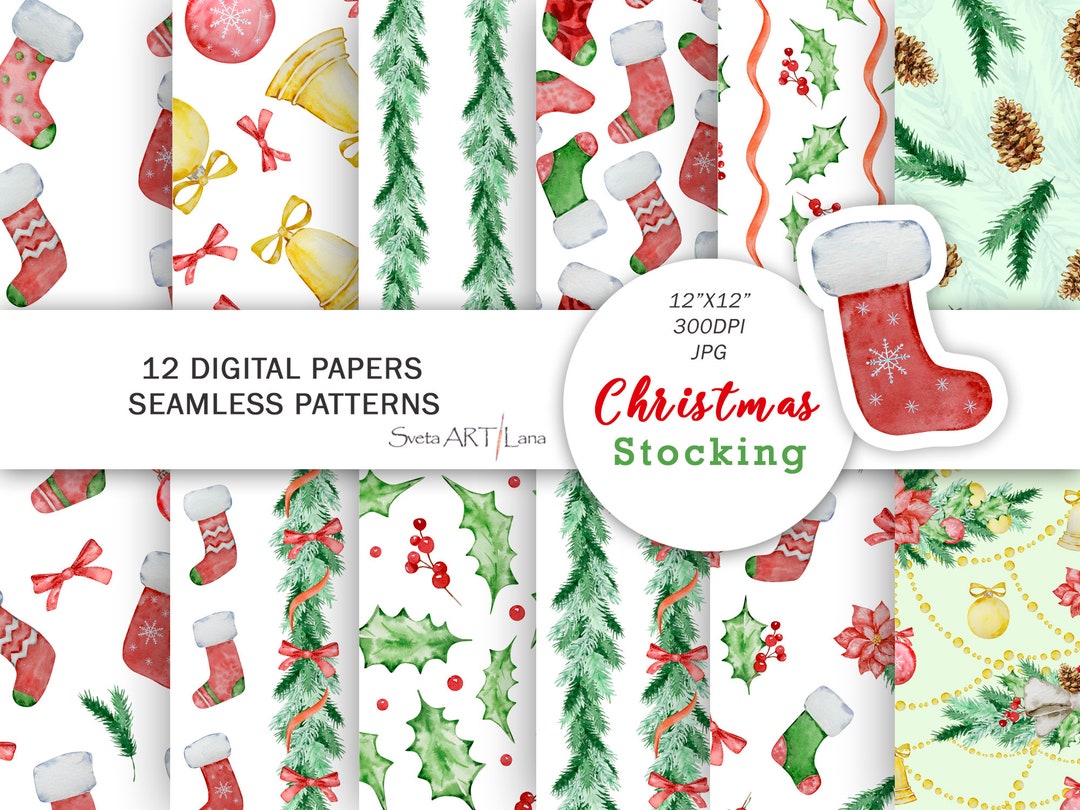 Christmas Stocking Digital Papers | Watercolor Holly Christmas | Winter ...