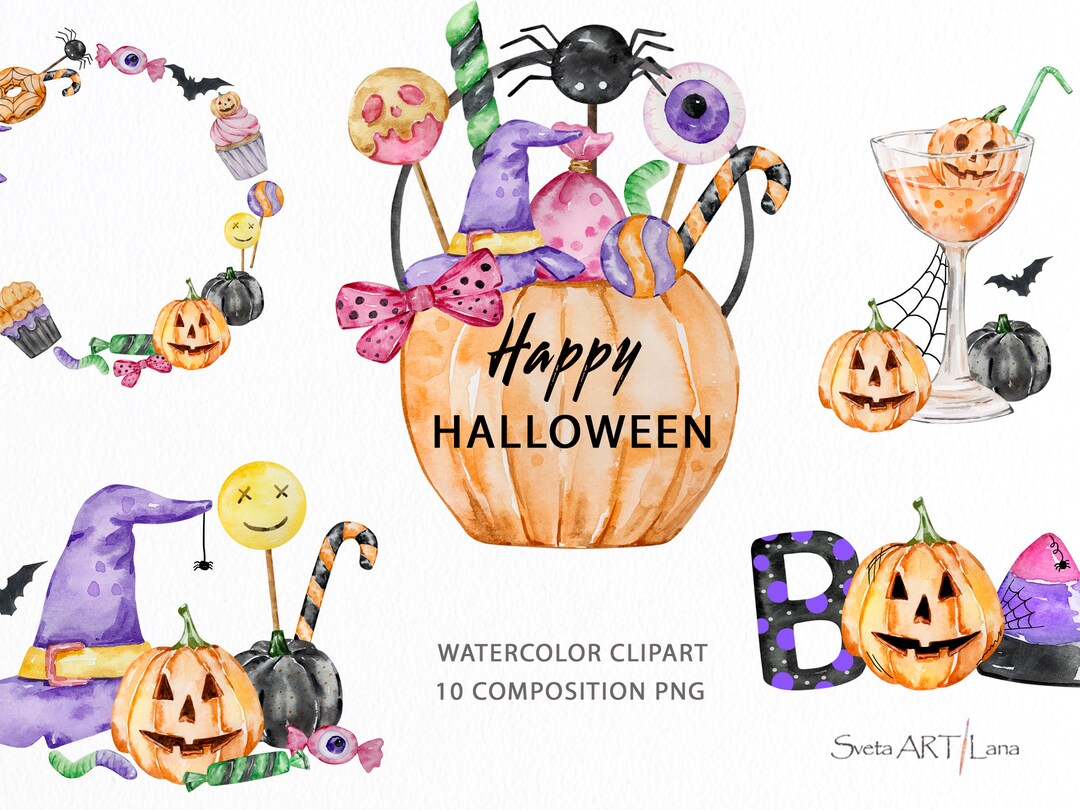Watercolor Halloween Bucket Candy Clipart | Halloween Party Clipart ...