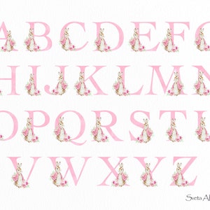 Flopsy Rabbit Pink Floral Alphabet Clipart | Watercolor Alphabet PNG ...
