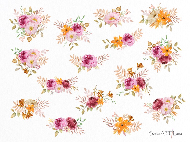 Autumn Watercolor Floral Clipart Autumn Flowers Bouquets - Etsy