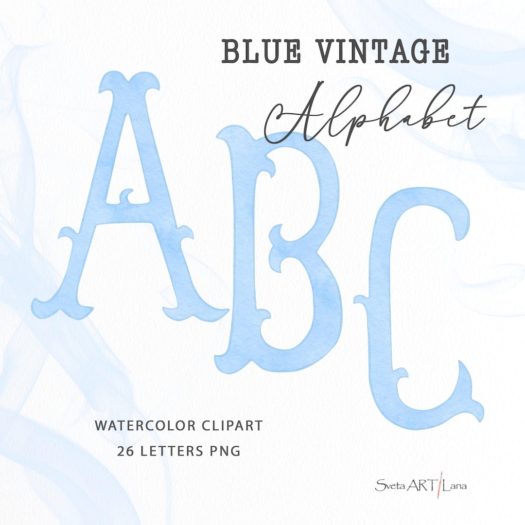 Watercolor Vintage Blue Letters | Monogram Alphabet Clipart | Wedding ...