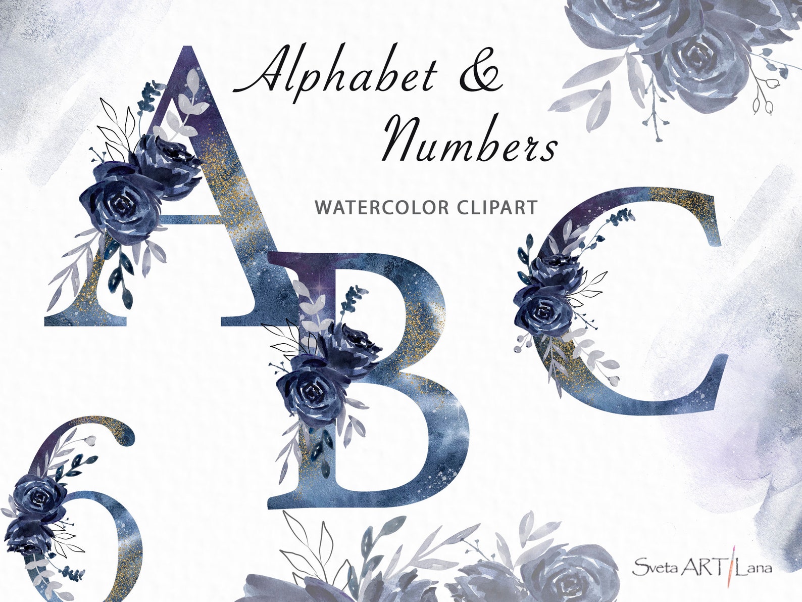Floral Alphabet Watercolor Clipart | Dark Blue Letters Png | Navy Blue ...