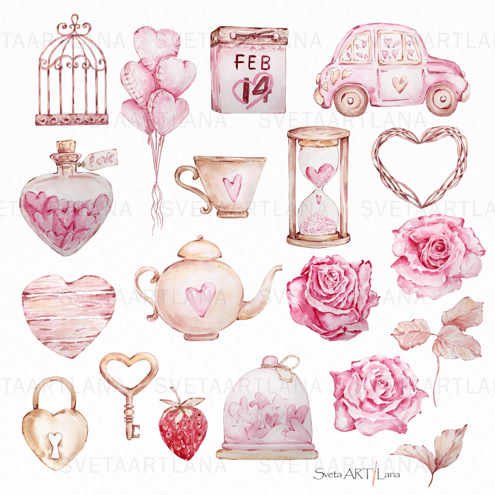 Valentine's Day Watercolor Clipart Pink Valentines Cute | Etsy