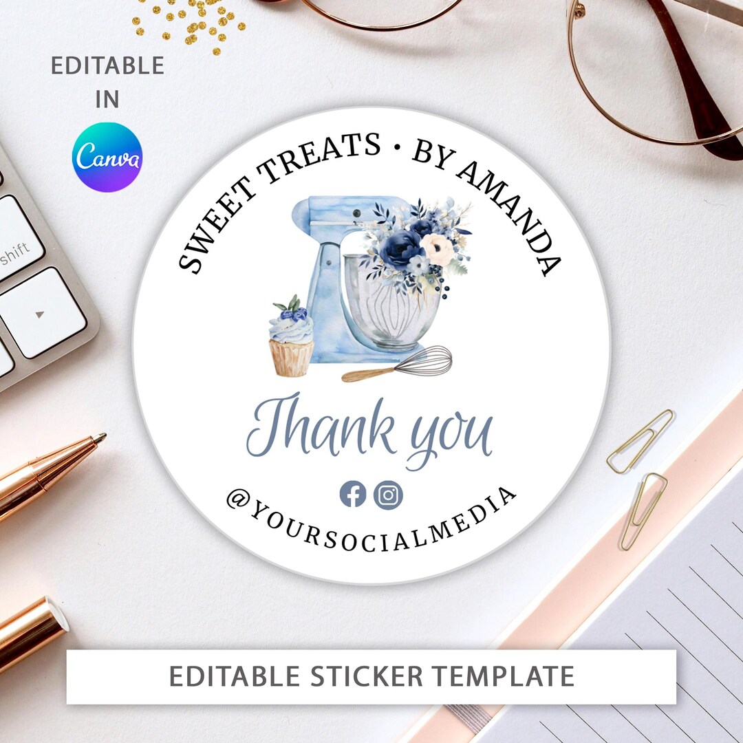 Bakery Blue Mixer Sticker Thank You Template | Custom Sticker Editable ...