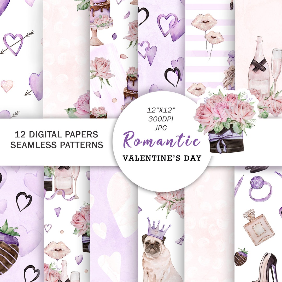 Romantic Digital Paper Watercolor Valentines Day Seamless Pattern ...