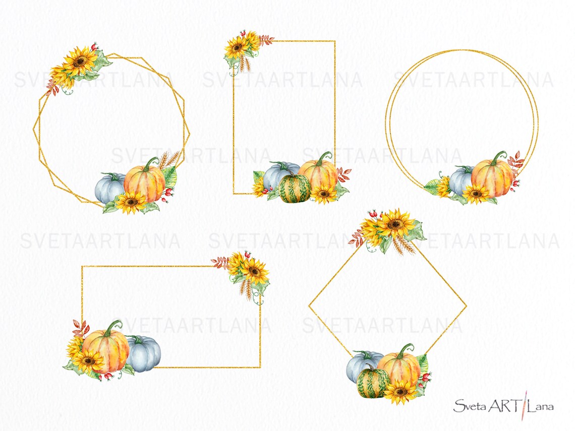Pumpkins Frames Clipart | Watercolor Autumn Pumpkin | Sunflower Wreath ...