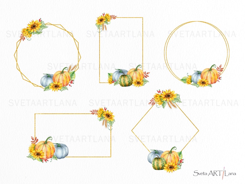 Pumpkins Frames Clipart | Watercolor Autumn Pumpkin | Sunflower Wreath ...