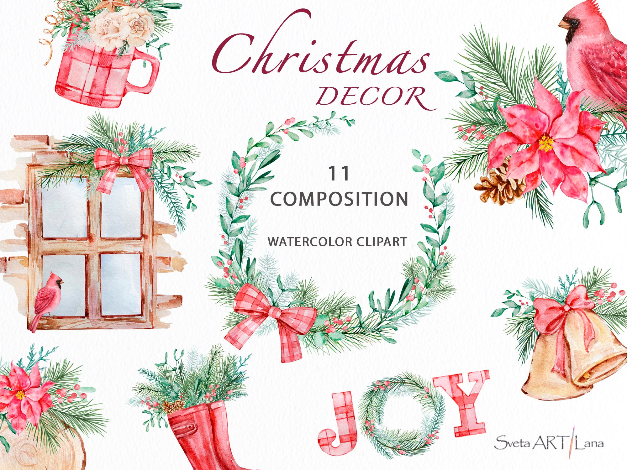 Watercolor Classic Christmas Clipart Cozy Christmas - Etsy