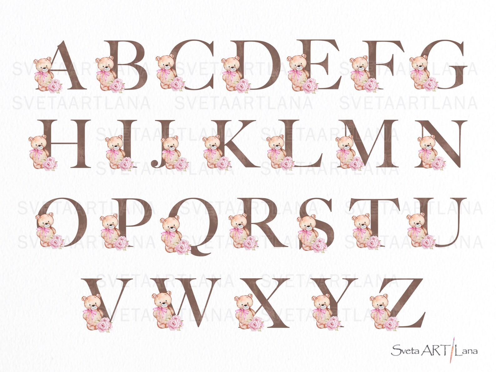 Teddy Bear Alphabet Clipart | Watercolor Cute Bear Alphabet PNG ...