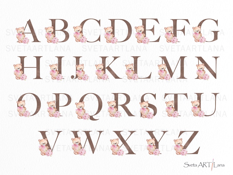 Teddy Bear Alphabet Clipart | Watercolor Cute Bear Alphabet PNG ...
