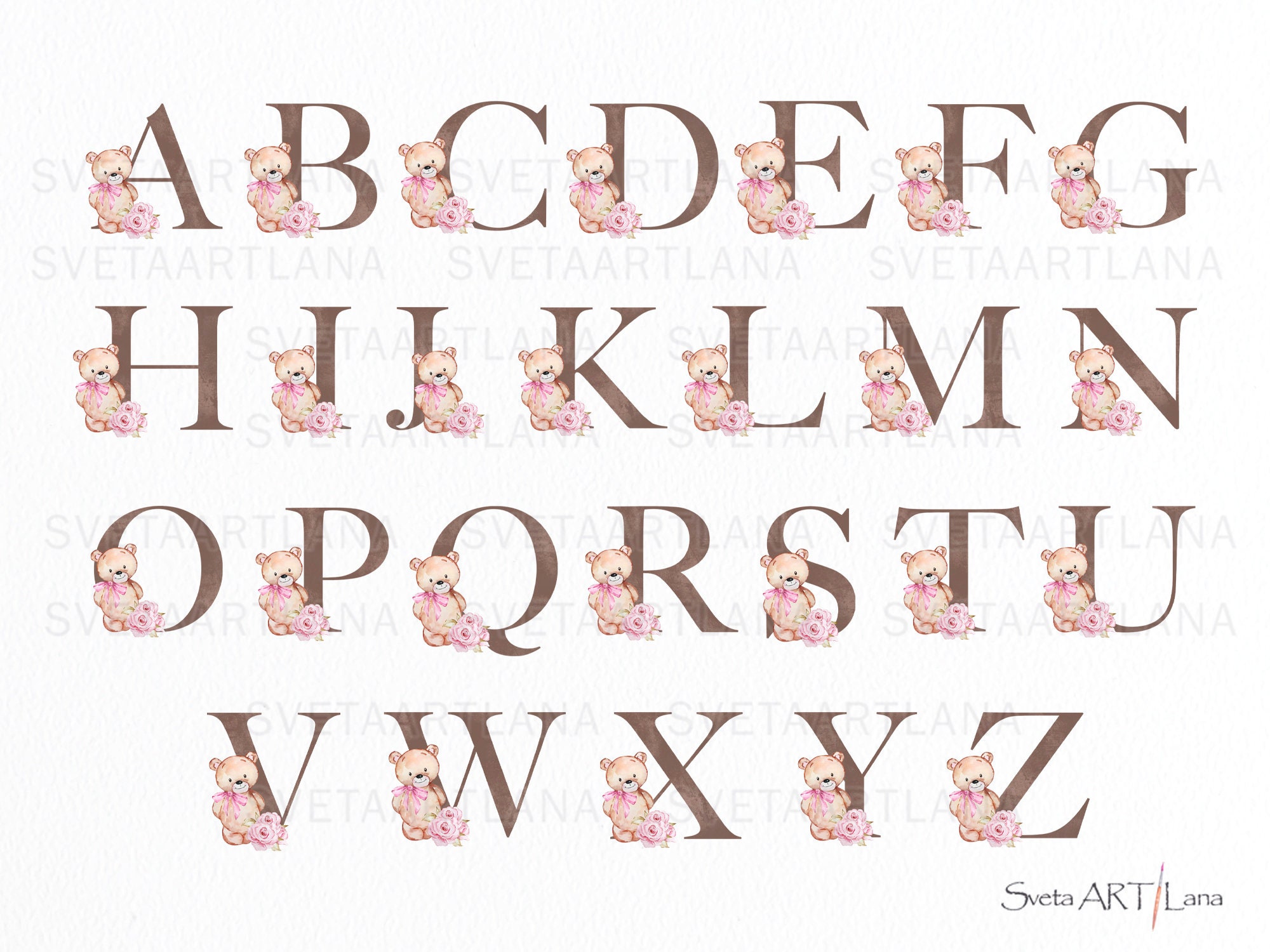 Teddy Bear Alphabet Clipart | Watercolor Cute Bear Alphabet PNG ...