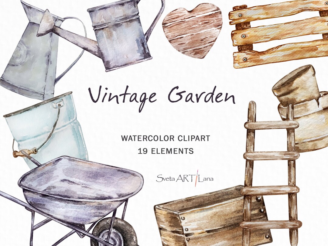 Watercolor Garden Tools Clipart | Wooden Boxes | Grey Old Buckets ...