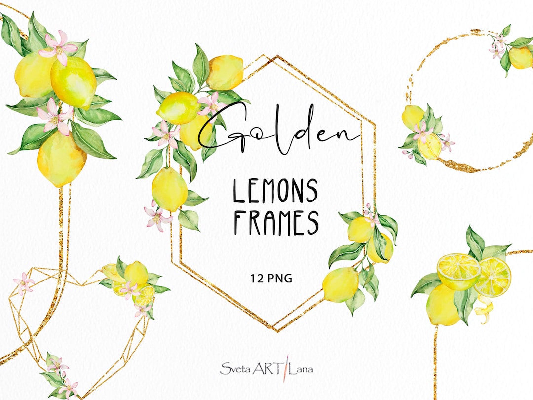Lemons Golden Frames Clipart | Tropical Citrus Png | Geometric Gold ...
