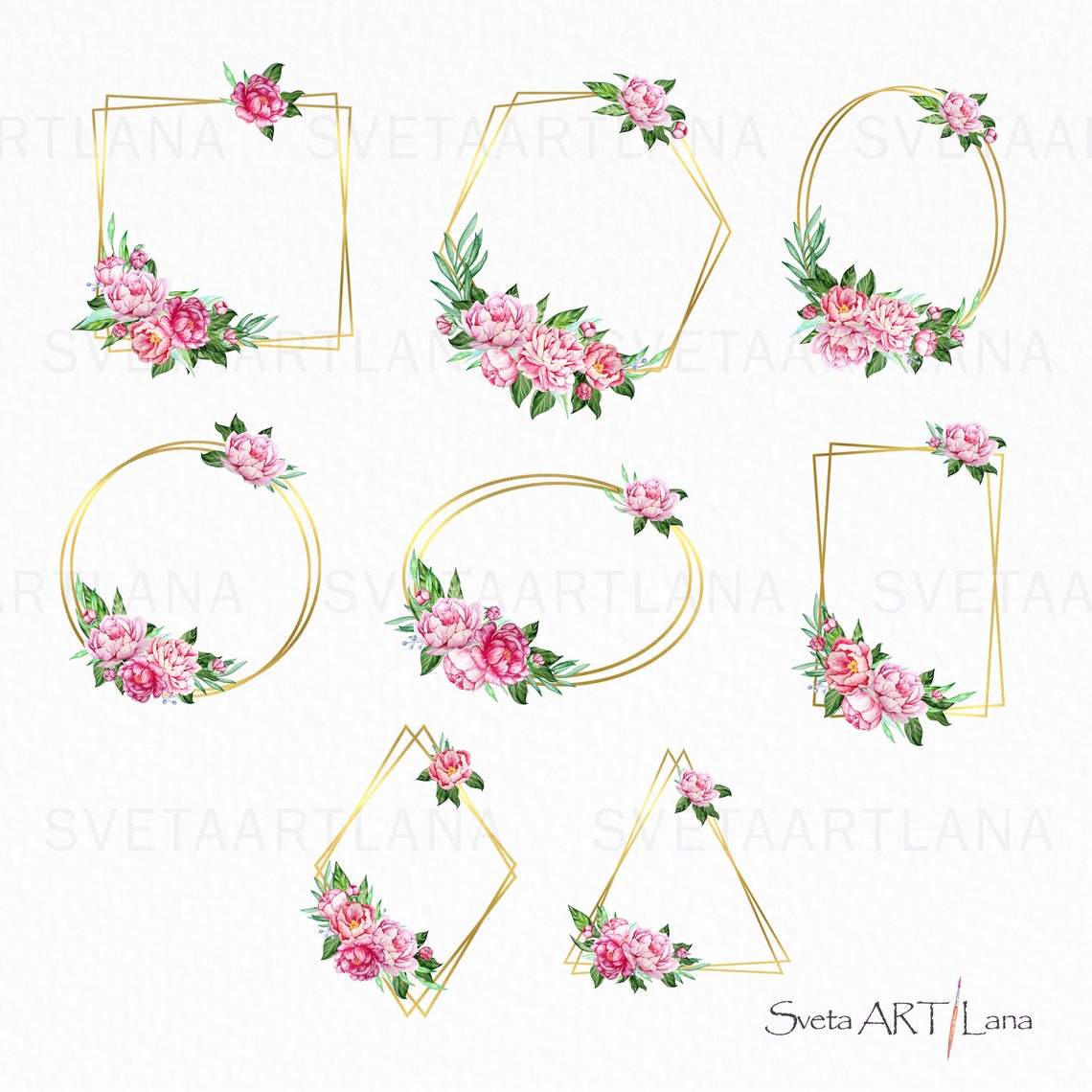 Watercolor Peony Flowers Clipart | Gold Geometric Frames | Peonies ...